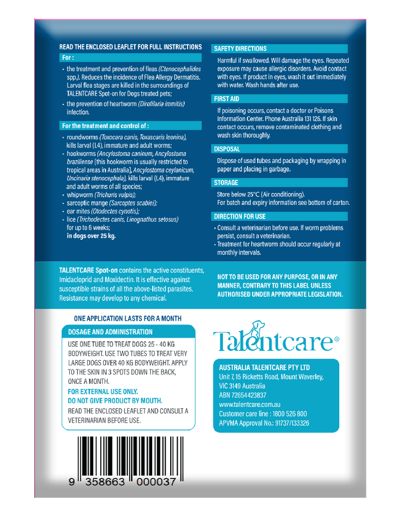 Talentcare Spot On Dog Over 25kg 6 Pack