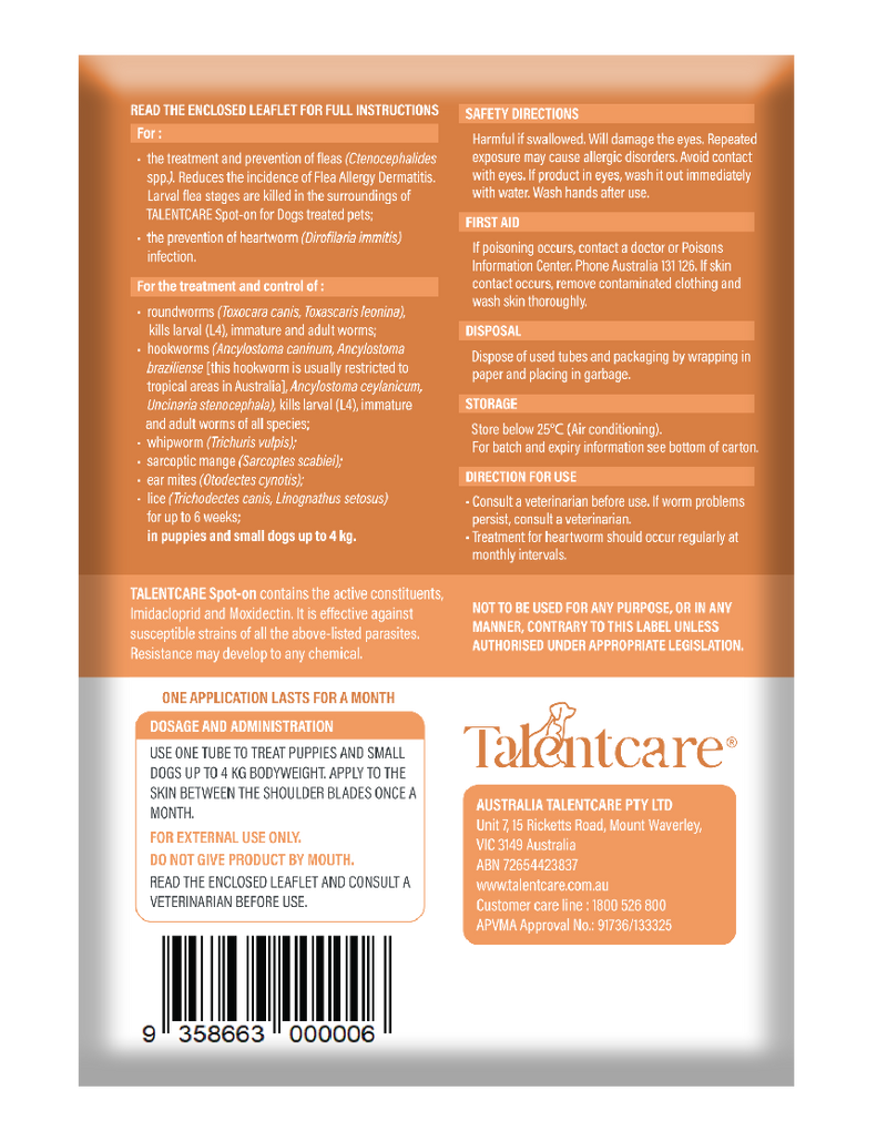 Talentcare Spot On Dog & Puppy Under 4kg 3 Pack